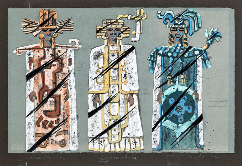 Costume designs for three Aztec characters in Montezuma - McNay Art Museum